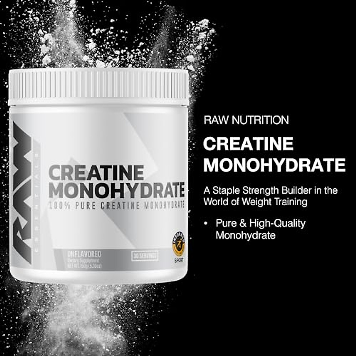RAW Nutrition Creatine Monohydrate Powder, Unflavored (30 Servings) - Micronized Creatine Monohydrate Supplement for Workout Performance, Build Muscle & Strength - Creatine Powder for Men & Women