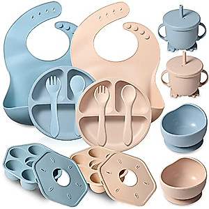 14 Pcs Baby Led Weaning Supplies Baby Feeding Set Includes Baby Plates with Suction Baby Food Freezer Tray Self Feeding Baby Utensils Silicone Bib Bowl Straw Cup for Toddler Children Eating Training