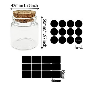 IMMTTYY 12Pack 2OZ Cork Stopper Glass Bottles,Mini Wide Mouth Mason Jar Shot Glasses,Perfect for home bar, man cave or she shed Great stocking stuffer,Favor Jars for Honey,Mousse with 24 Labels