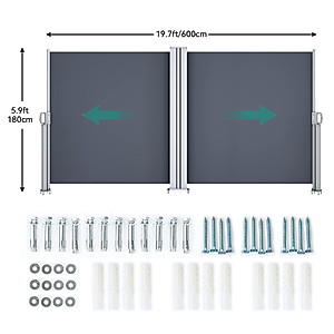 YITAHOME 236''X 70'' Double Side Awning Retractable Side Awning Folding Privacy Screen Privacy Fence Waterproof UV-Resistant Privacy Awning Outdoor for Garden, Deck, Patio, Pools, Balcony, Gray