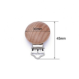 Sutoyuen 10Pcs 30mm (1.18") Natural Wood Pacifier Holder Round Beech Metal Teether Wooden Teething Beads Suspender Clips DIY Pacifier Accessories