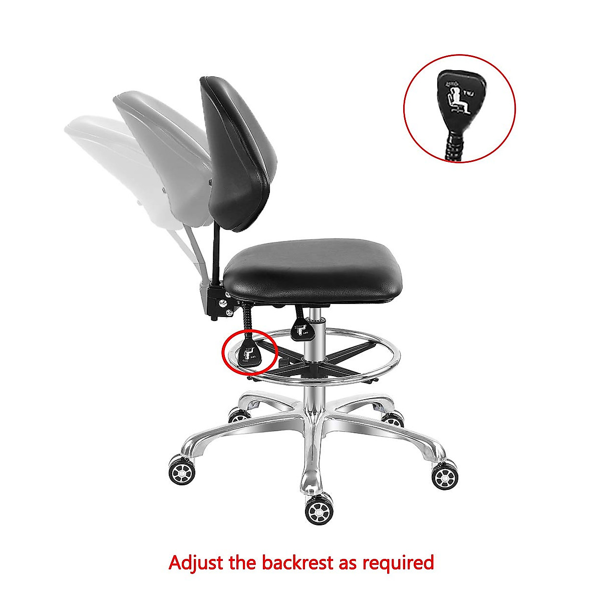 Antlu Adjustable Rolling Stool Drafting Chair for Guitar Shop Pedicure Studio Work with Wheels and Backrest,Workbench Hydraulic Stool with Footrest (Black)