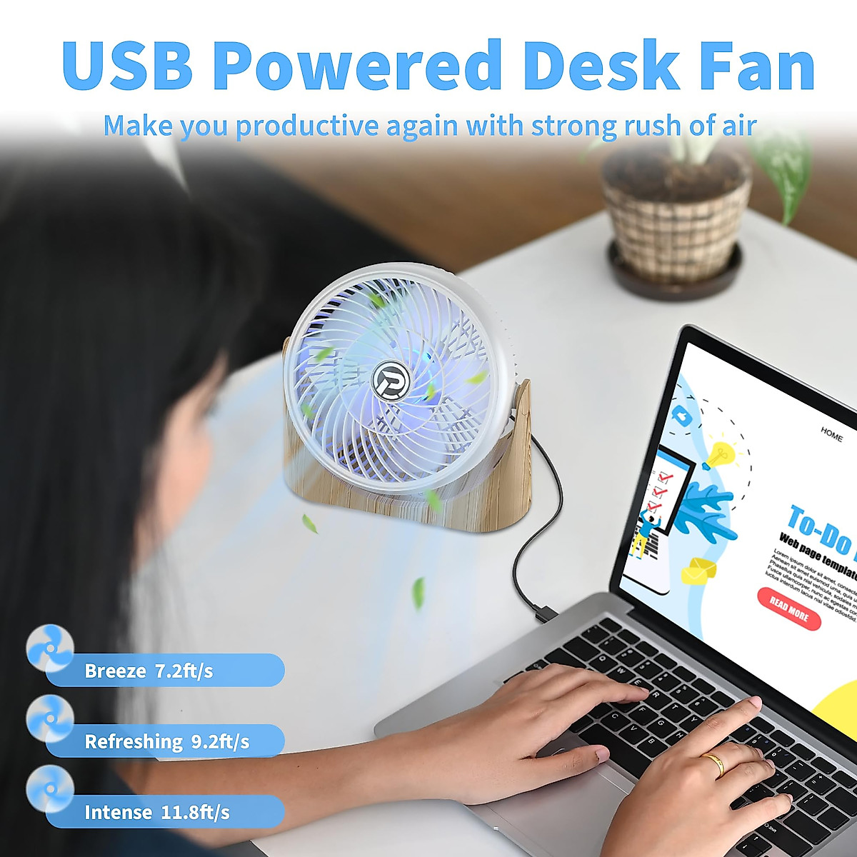 KITWLEMEN Table Fan with Remote, 3 Speeds Powerful Portable Desk Fan with RGB Light & Timers, 360° Rotate, Quiet Operation for Bedroom Office Home