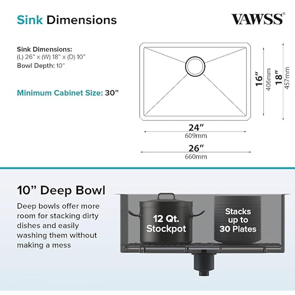 Undermount Kitchen Sink - VAWSS 26x18x10 Inch Kitchen Sink 16 Gauge Stainless Steel Single Bowl Sink with Strainer & Bottom Grid, Handmade Small Bar Sink, Undermount Kitchen Sink 26 inch