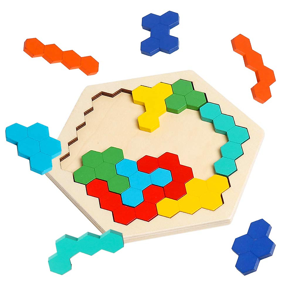 USATDD Wooden Hexagon Puzzle for Kid Adult Brain Teaser Puzzles Challenge Toy Shape Pattern Blocks Tangram Geometry Logic IQ Games STEM Montessori Educational Gift for 4-8 Boys Girls