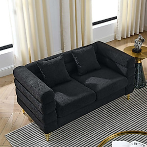 60-inch Couches for Living Room, Modern Teddy Fabric Upholstered Loveseat Sofa Couch with Square Arm and 4 Golden Metal Legs for Living Room, Office, Apartment, Black