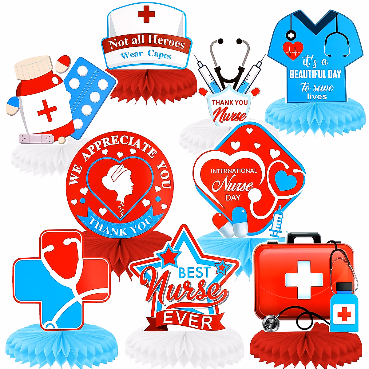 HOWAF 9pcs Nurse Day Party Decorations Honeycomb Centerpieces, Thank You Nurses Table Centerpieces, Nurse Appreciation Week Table Topper for Happy International Day Party Decorations Supplies