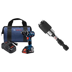 BOSCH GSB18V-535CB15 18V EC Brushless Connected-Ready Compact Tough 1/2 In. Hammer Drill/Driver with (1) CORE18V 4.0 Ah Compact Battery&BOSCH ITBHQC201 2 1/4", Impact Tough Quick Change Bit Holder