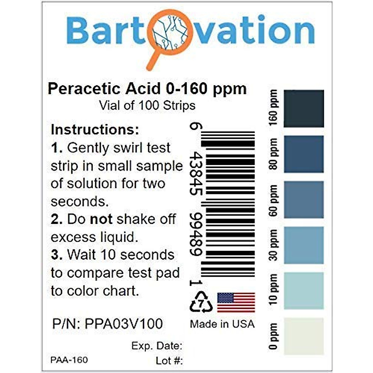 Peracetic Acid 0-160 ppm & Chlorine 0-200 ppm Test Strips [100 Strips of Each]