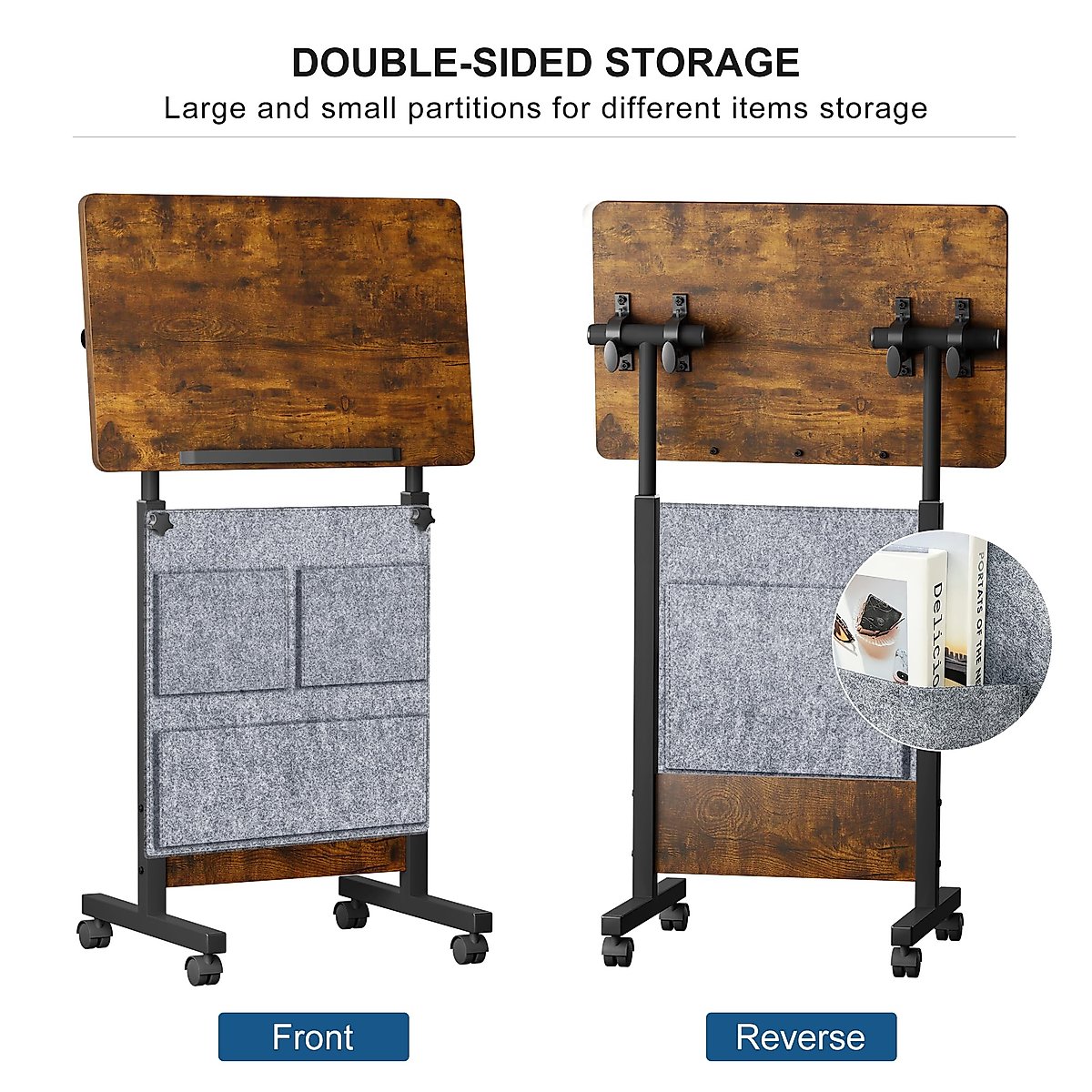 KOUPA Height Adjustable Standing Desk with Storage Bag 16 x 24 in, Portable Rolling Mobile Stand Up Table with Wheels, 360° Flip Laptop Computer Desk for Home Office, Rustic Brown