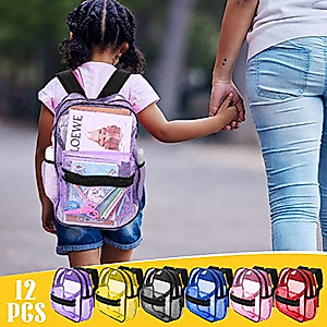 Silkfly 12 Pack Mini Mesh Backpack for Kids Bulk, 6 Colors Transparent Bookbag See Through Backpack Mesh Beach Bag with Padded Strap Beach for Kindergarten School Boys Girls