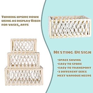 Wongblee Macrame Storage Baskets Set of 3, Decorative Wood Baskets, Nesting Organizer Boxes for Shelves, Boho Room Décor