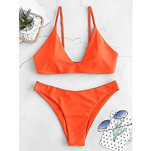 ZAFUL Women's Tie Back Padded High Cut Bralette Bikini Set Two Piece Swimsuit (1-Pumpkin Orange, M)