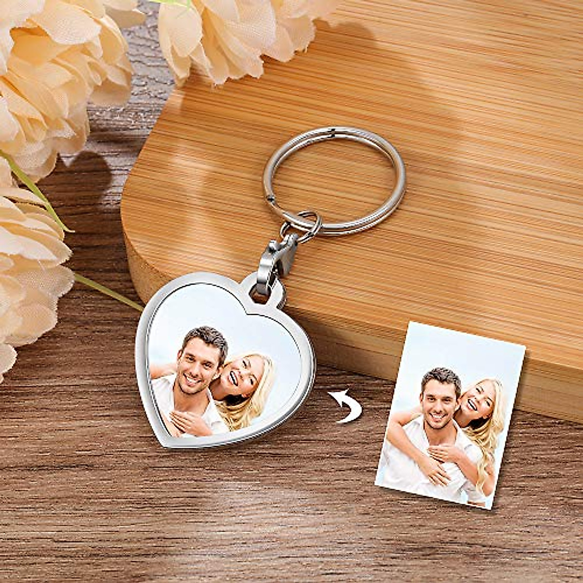 Nauchild Photo Keychain Personalized Heart Key Chain with Engraving Text/Name/Date Anniversary Keychain for Women/Men (silver 1)
