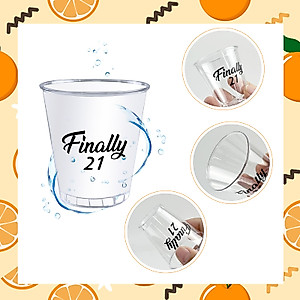 CIEOVO 100 Pieces Finally 21st Birthday Party Shot Glass, Disposable 2 oz Plastic Cups 21st Birthday Gifts Clear Tasting Cups for Him or Her Friend 21st Birthday Party Supplies