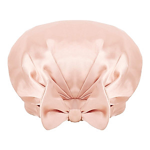 Auban Extra Large Shower Cap, Bowknot Double Layer Reusable Bath Hair Caps With Silky Satin for Women Beauty Bathing, Hair Spa, Home Hotel Travel Use (Beige)