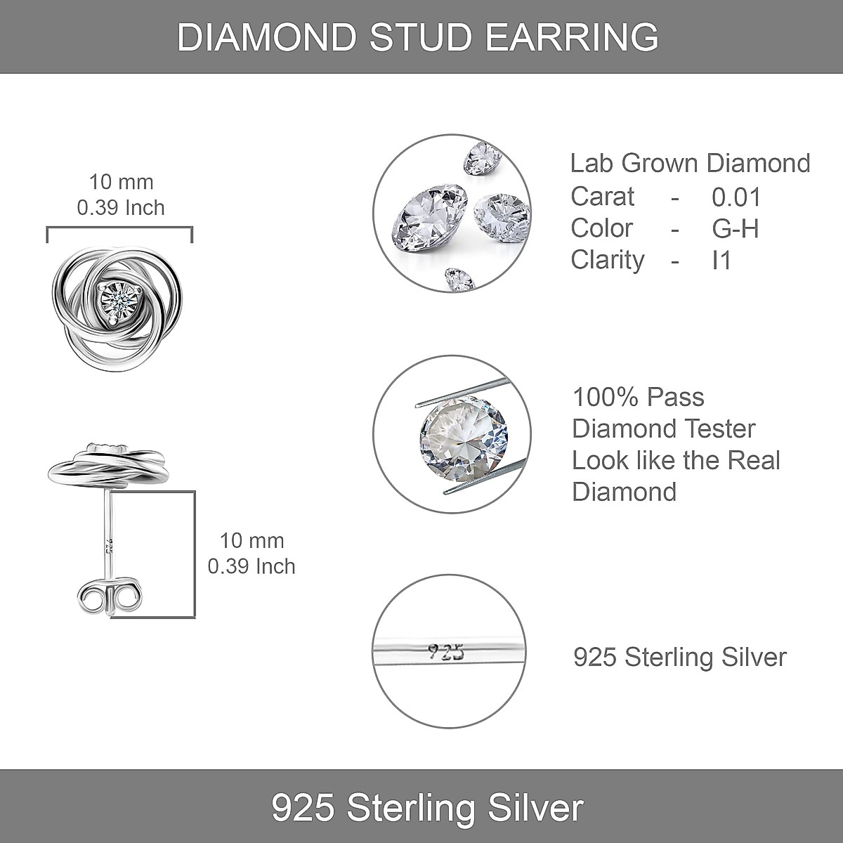 LeCalla 925 Sterling Silver Diamond Stud Earrings Love Knot Earring for Women 0.01 Ct Lab Grown Diamond for Womens and Teen