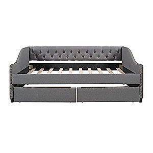 Upholstered Full Daybed with Two Storage Drawers, Full Size Button Tufted Sofa Bed Daybed with Nailhead Trim and Wood Slat Support (Grey Fabric)