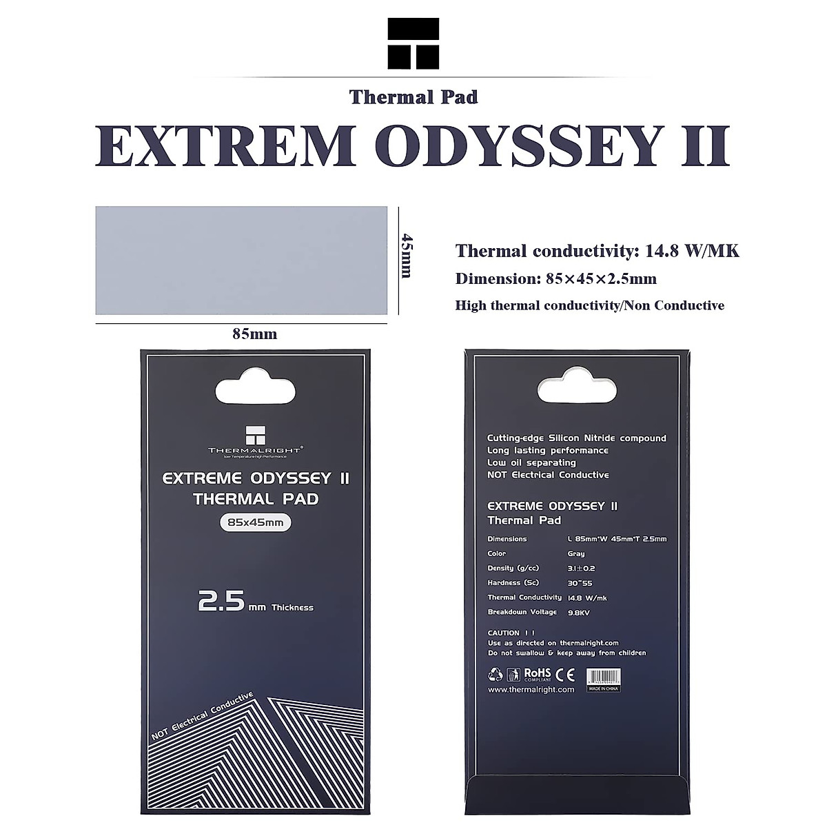 Thermalright Thermal Pad 14.8 W/mK Non Conductive Heat Dissipation Silicone Pad for PC Laptop Heatsink CPU/GPU/LED Graphics Card Motherboard Silicone Grease Multi-Size Pad (85x45x2.5mm)