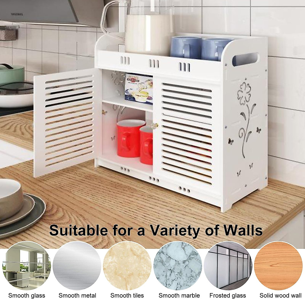 Hesitroad Bathroom Cabinet,Self-Adhesive Vent Doors Shelf Multi-Grid Tiers Hollow Flower Pattern Wall Mounted Bathroom Storage Rack for Living Room Kitchen Dining Room White