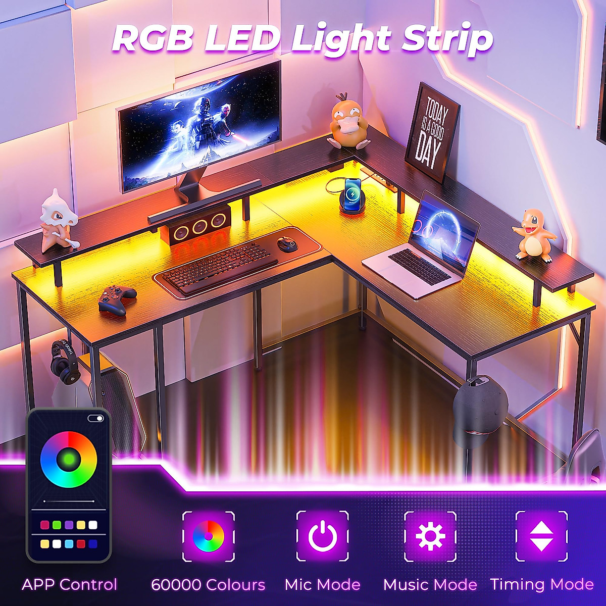 SUPERJARE L Shaped Gaming Desk with Power Outlets & LED Lights, Computer Desk with Monitor Stand & Storage Shelf, Home Office Desk Corner Desk with Hooks, Black