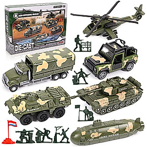 Die-cast Military Vehicles Toy Set, 6 Pack Alloy Army Toys Playset with Army Men Action Figures, Tank, Panzer, Helicopter, Truck, Submarine for Kids Boys Toddlers