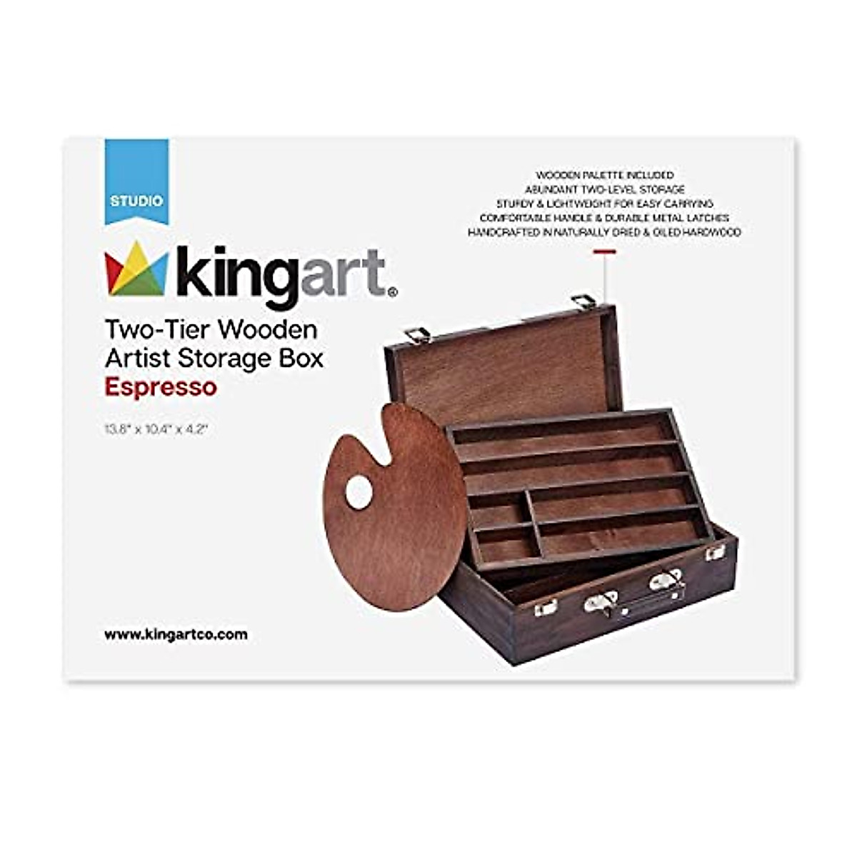 KINGART Studio Wood Art Storage Box, 2-Tier Case with 10 Dividers, Espresso Finish
