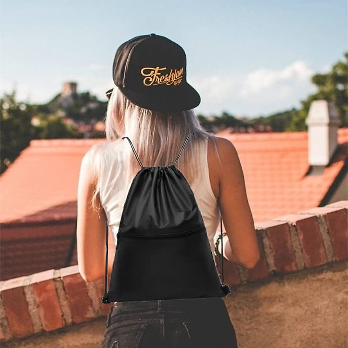 TEABAN Gym Drawstring Bag, Waterproof Drawstring Backpack with Zipper Pocket, Men's and Women's Fitness Drawstring Bag Swimming Bag, Black Large Capacity(19.3''x15.3'')