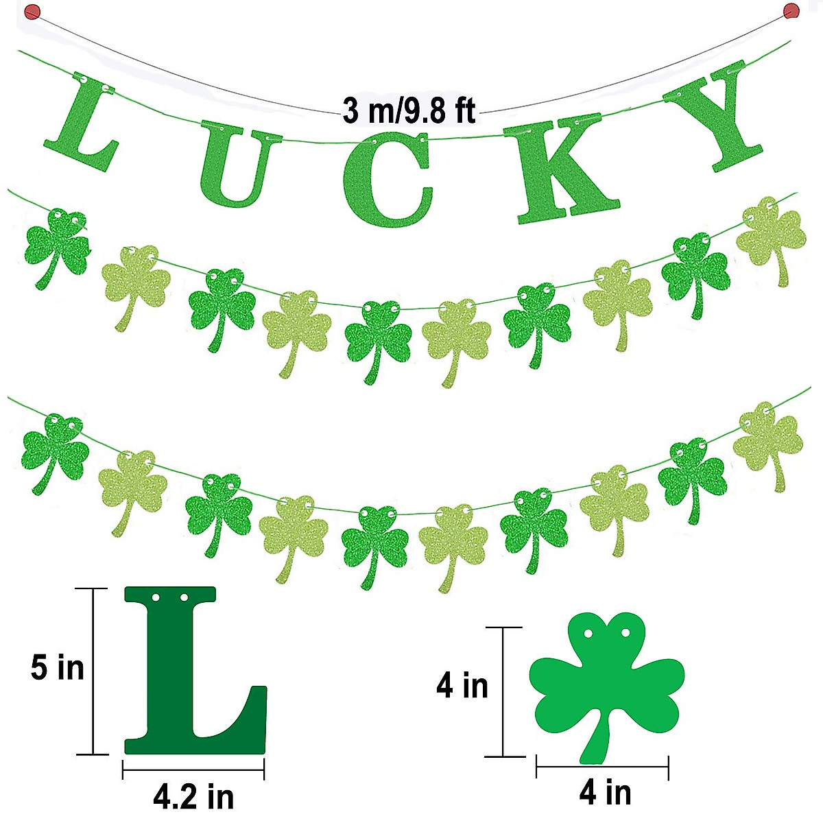 St. Patrick Day Banner Green Lucky Irish Glitter Shamrock Garland for Party Bar Home Hanging Decorations 25pcs with 29.5 ft Rope