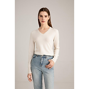 State Cashmere Women’s Essential V-Neck Sweater 100% Pure Cashmere Classic Long Sleeve Pullover (Undyed White, Large)