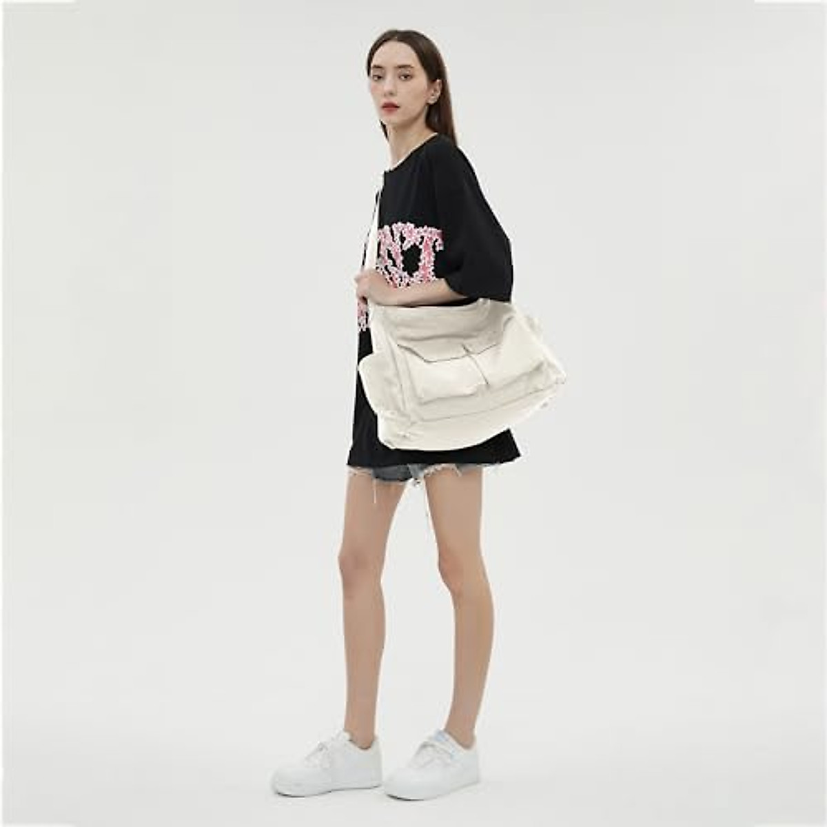 JBB Canvas Messenger Bag Hobo Tote Bag Cute Shoulder Bag Large Crossbody Bags for Women and Men White