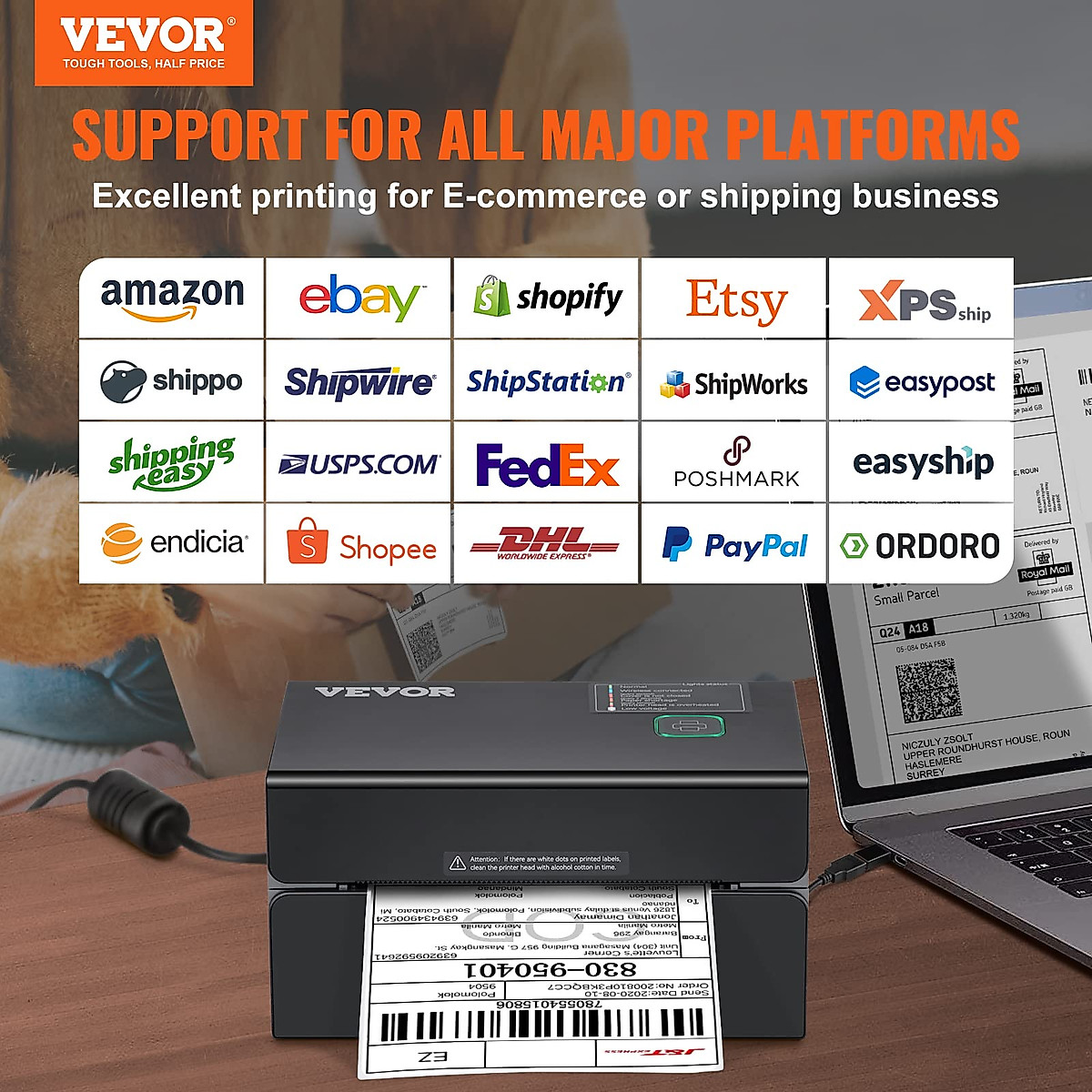 VEVOR HD(300DPI) Thermal Label Printer, Shipping Label Printer w/Auto Label Recognition, Support Windows/MacOS/Linux/Chromebook, Compatible w/Amazon, Ebay, Shopify, USPS, Etsy, UPS, etc.