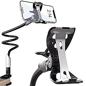 Primens Cell Phone Holder for Bed Gooseneck Bedside Phone Holder Laying Down with Adjustable 360 Clamp Clip and Flexible Long Arm, Phone Holder for Desk Stand and Mount (Black)
