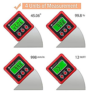 Neoteck Digital Angle Finder, Backlight LCD Digital Angle Gauge Protractor Inclinometer Bevel Box, Magnetic Base, Data Hold, IP54 Dust and Water Resistant- Red