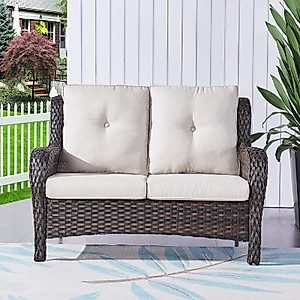 Rilyson Outdoor Patio Couch Wicker Sofa - 3 Seater Rattan Sofa for Outside Patio Garden Porch with Deep Seating and Cushions(Brown/Blue)