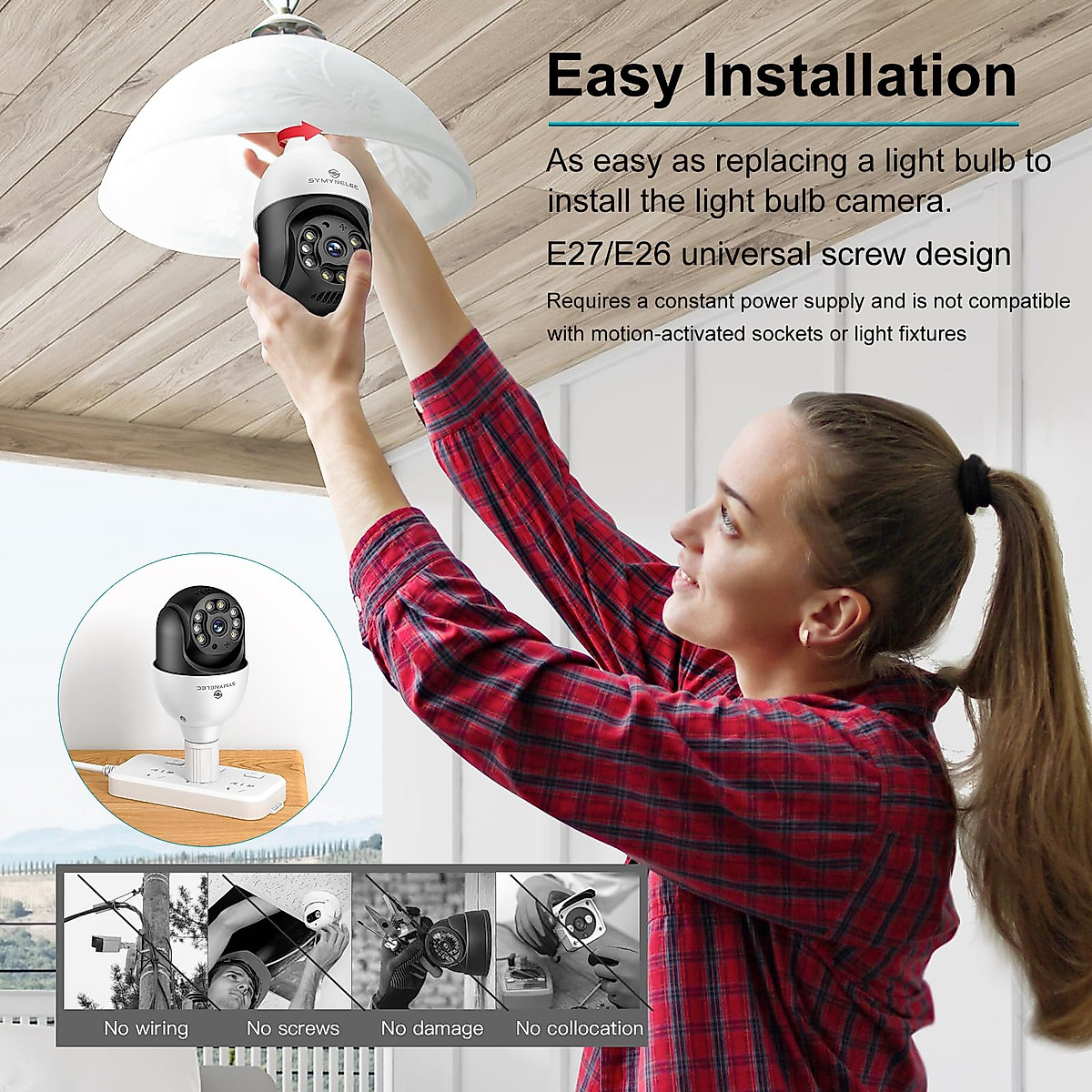 SYMYNELEC Light Bulb Security Camera Outdoor Waterproof 2.5K, 2.4GHz Wireless WiFi Light Socket Cam with AI Human Motion Detection Tracking 4MP Color Night Vision Siren Alarm Works with Alexa Google