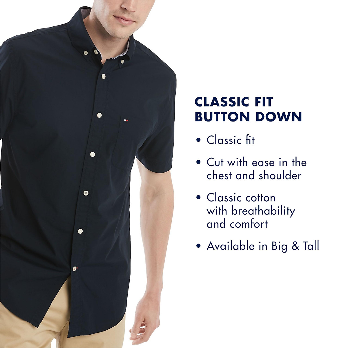 Tommy Hilfiger mens Short Sleeve in Classic Fit Button Down Shirt, Navy Blazer, Small US