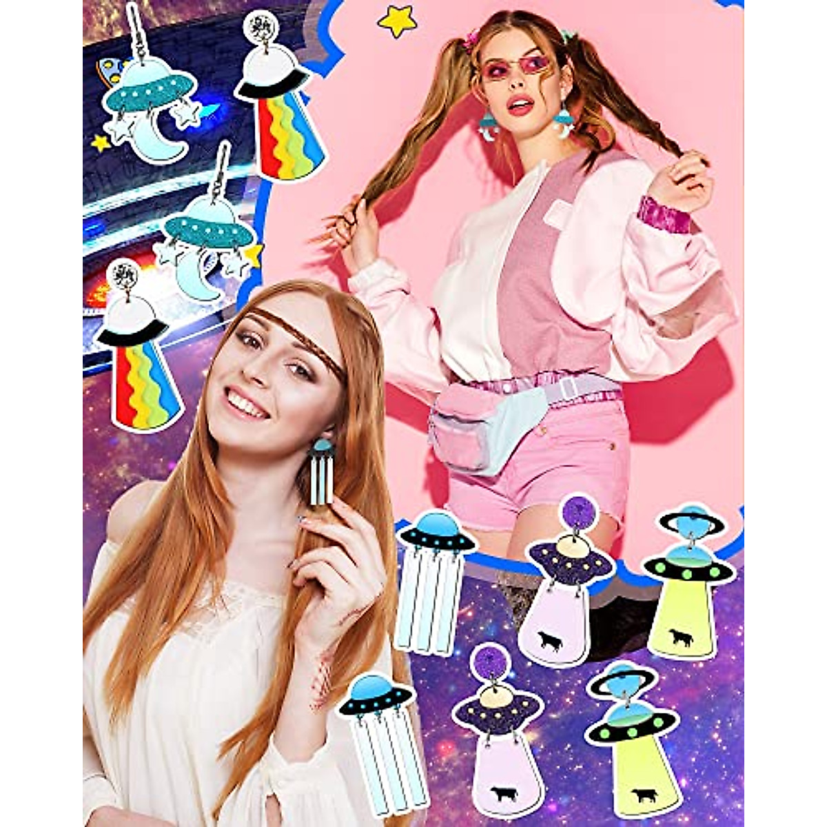 MTLEE 5 Pairs UFO Aliens Acrylic Earrings Cosmos Weird Earrings Women Novelty Fun Earrings Halloween Alien Earrings Glitter Space Earrings Cute Dangle Earrings for Girls, Multiple Colors