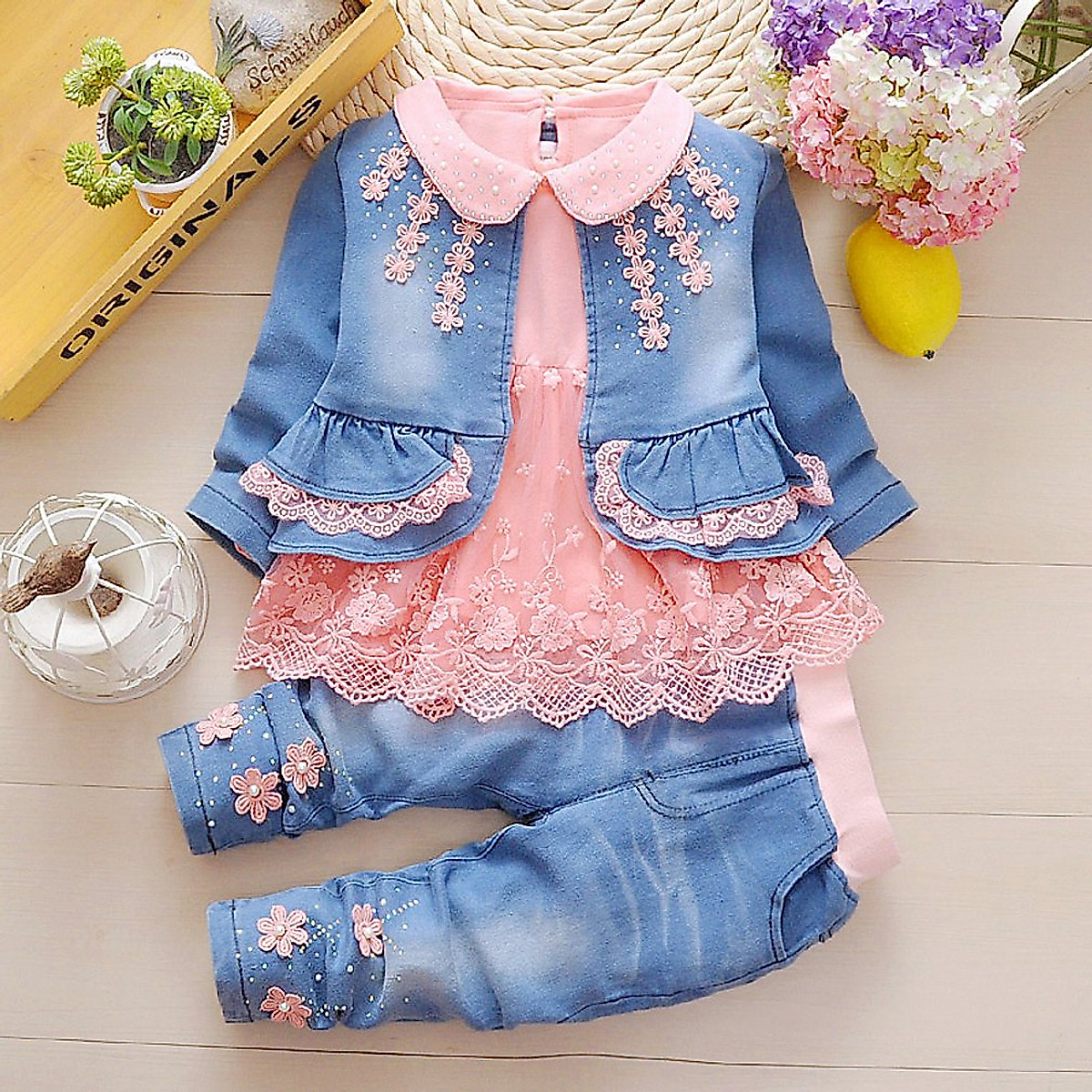 6m-4Years Babygirls and Infant Girls Jean Jackets Floret and Dress T-Shirts with Jeans Clothing Sets(6-12,Orange)