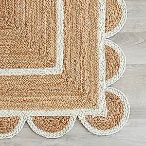 Weaving Village Scalloped Natural Jute Area Rug, Natural Base Off White Trim, 3x5