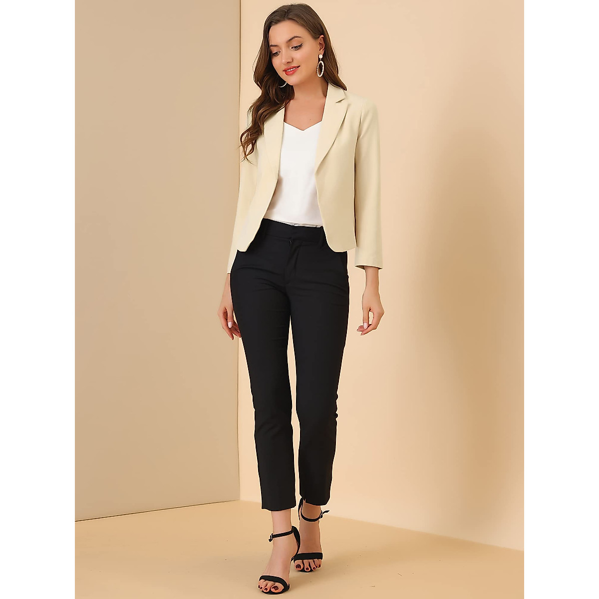 Allegra K Women's Open Front Office Work Business Casual Lightweight Crop Suit Blazer Jackets X-Small Beige-Solid