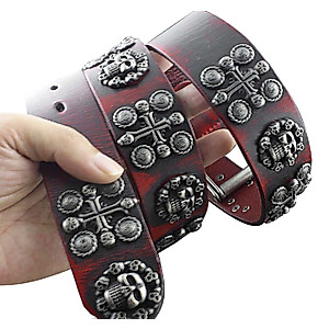 vogueteen Mens Goth Skull Cross Vintage Red Genuine Leather Belt Biker Rock One Size