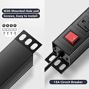 XBA 6 Outlets Mountable Power Strip with Switch, Long Power Strip with 6 Ft Extension Cord Heavy Duty Wide Space Wall Mount Power Strip for Home, Office, Industrial, Workshop, 15A 125V 1875W, Black