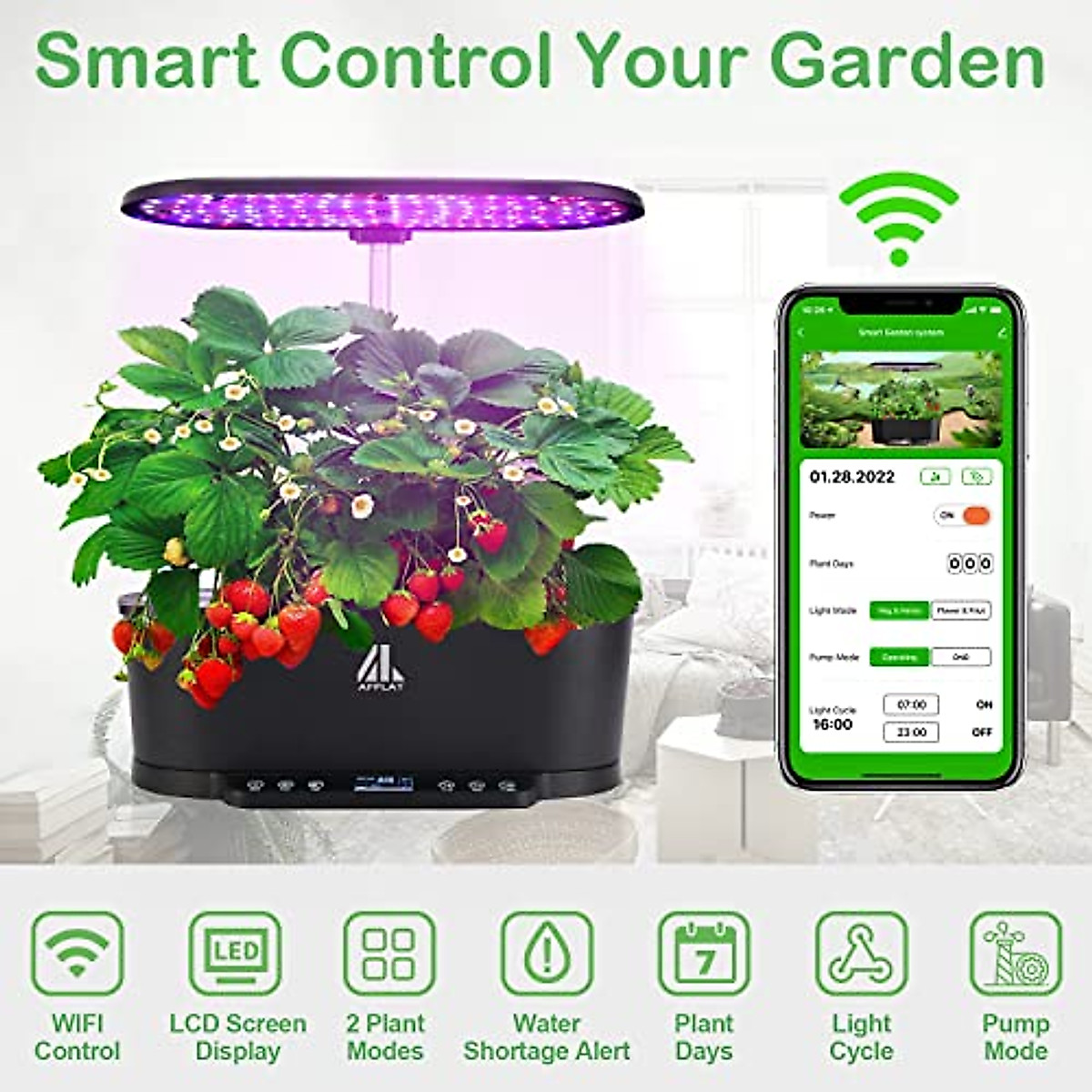 WiFi Smart Garden with 15 Pods,Hydroponic Growing System with Alert and App,Indoor Herb Garden with 30.31 Inches Adjustable Height,Automatic Cycle Timer,Hydroponic Herb Garden Kit for Family Kitchen