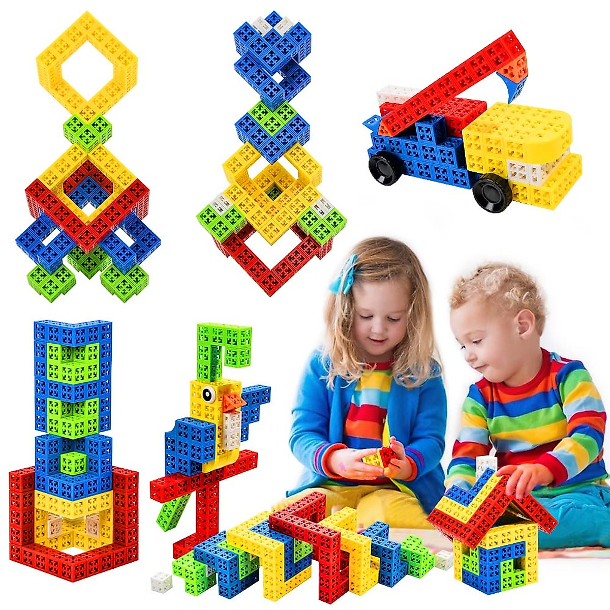 Building Stacking Block Toy, Stack Building Blocks Sensory Toy for Kids STEM Educational Sets Learning & Development Toys Cubes, DIY Build Variations with Funny Puzzle Bricks for Age 3 and Up, 150pcs