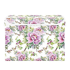WELLDAY Purple Flowers Birds Storage Baskets Foldable Cube Storage Bin with Lids and Handle, 16.5x12.6x11.8 In Storage Boxes for Toys, Shelves, Closet, Bedroom, Nursery