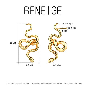 BENEIGE Gold Snake Studs Earrings 14K Gold Plated Dainty Snake Earring Hypoallergenic Handmade Simple Jewelry for Women