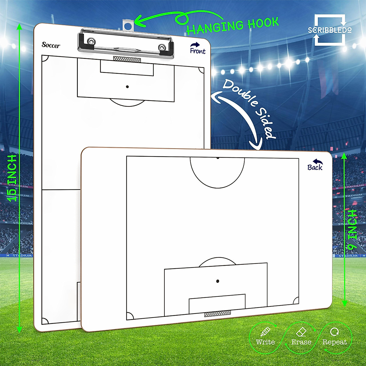 Scribbledo Soccer Dry Erase Coaching Board 15"x9" Soccer Whiteboard for Coaches Soccer Coaching Equipment Accessories Tactics Field Board Clipboard The Perfect Coach Gifts
