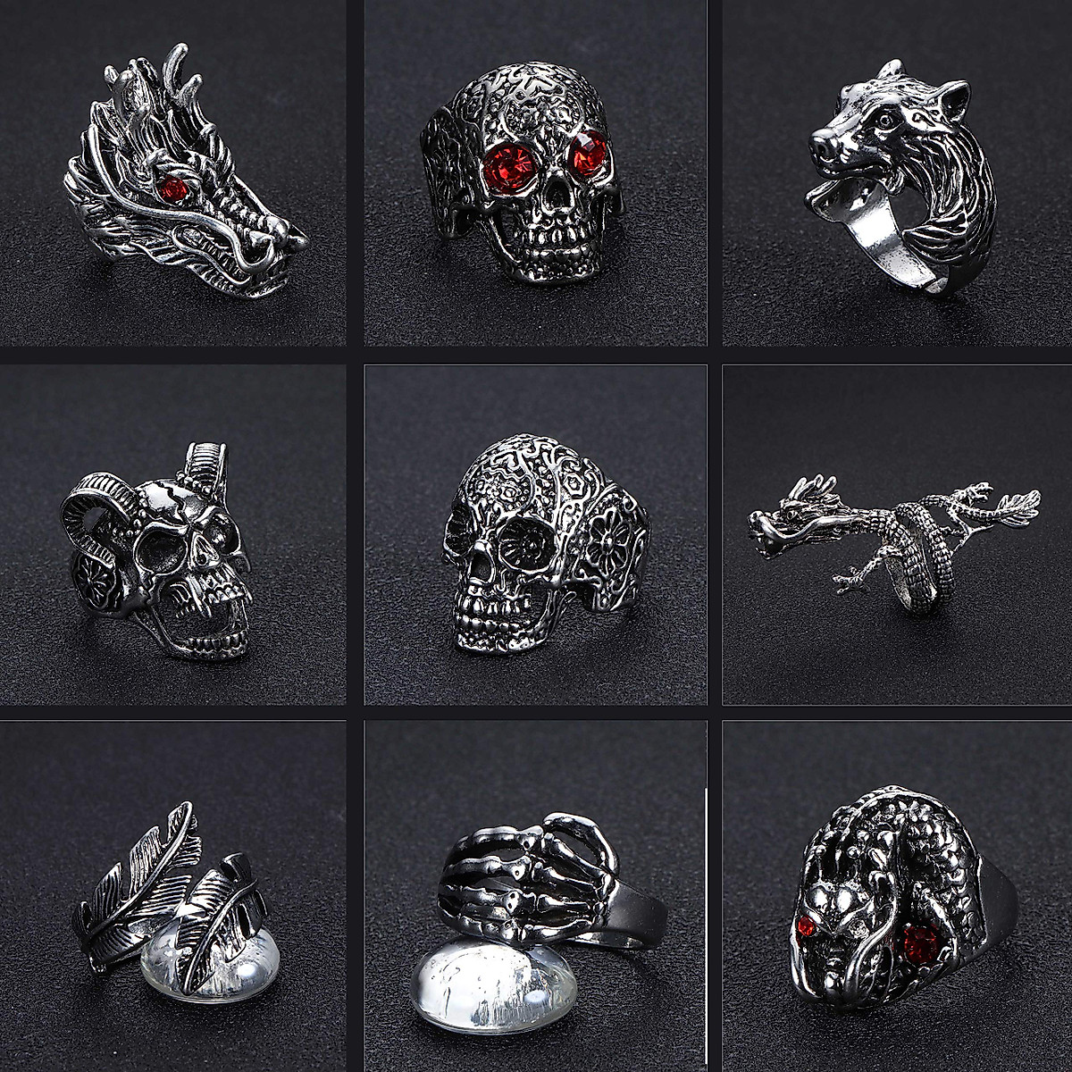 FIASASO 10 Pcs Vintage Punk Rings for Men Women Octopus Dragon Snake Ring Adjustable Cool Gothic Ring Set Jewelry skull …