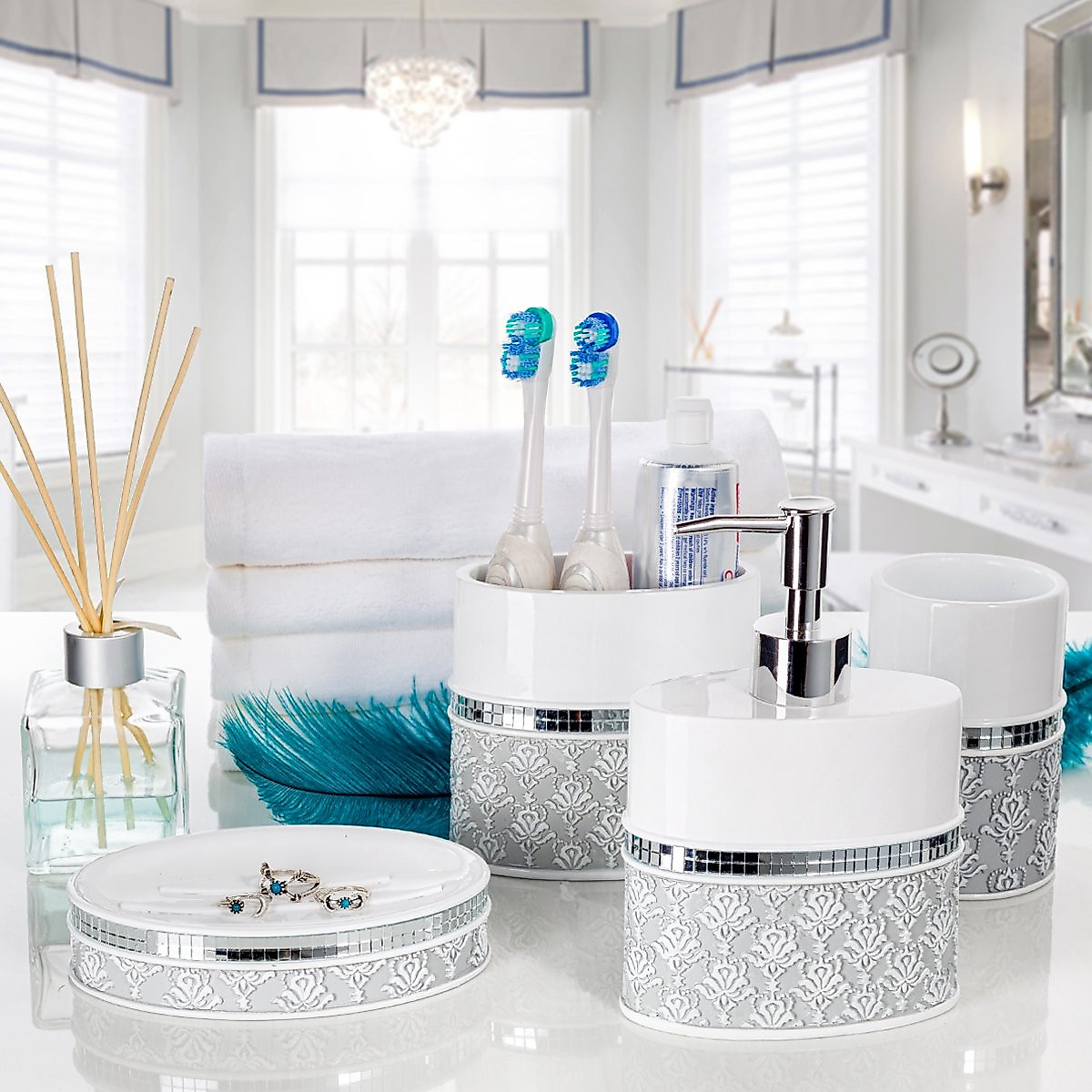 Creative Scents Bathroom Trash Can - Decorative Waste Basket for Bathroom - Durable Bathroom Wastebasket - Waste Bin for Bathroom, Powder Room Or Bedroom Mirror Damask Style (White and Gray)